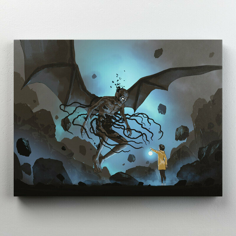 Интерьерная картина на холсте "Крылатый суккуб смотрит на маленькую девочку с фонарем" размер 40x30 см