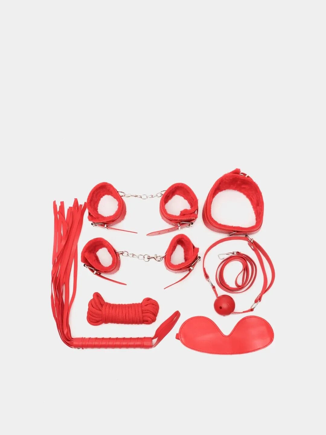 БДСМ-набор красный для связывания с мехом, 7 предметов: плетка, наручники, веревка, кляп в рот