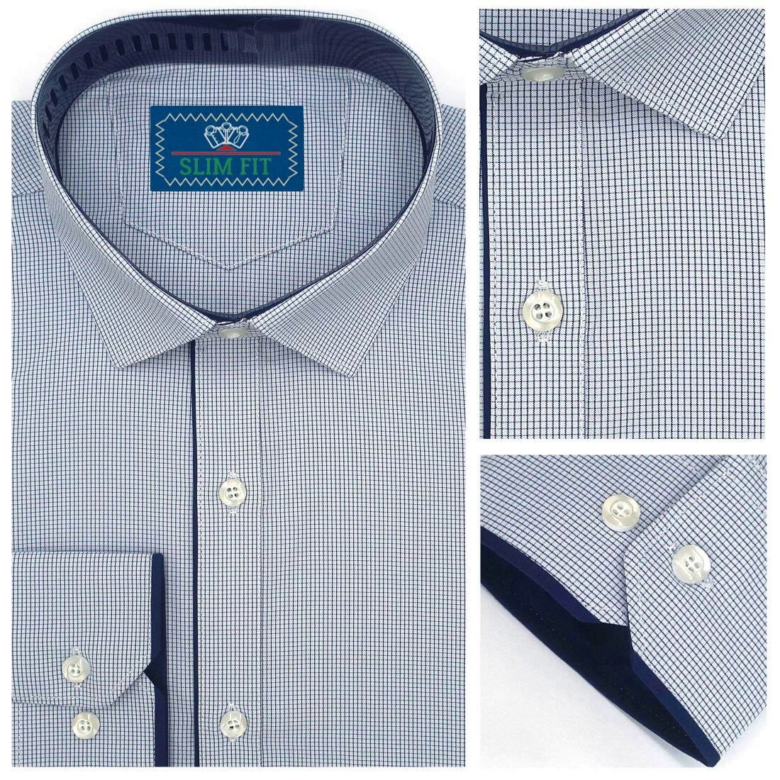 Рубашка Мужская рубашка с длинным рукавом приталенная, светлая сорочка на пуговицах, рубаха на любой сезон, голубая мелкая клетка, без карманов, с отделкой рубашка Slim fit с приталенным кроем зауженная