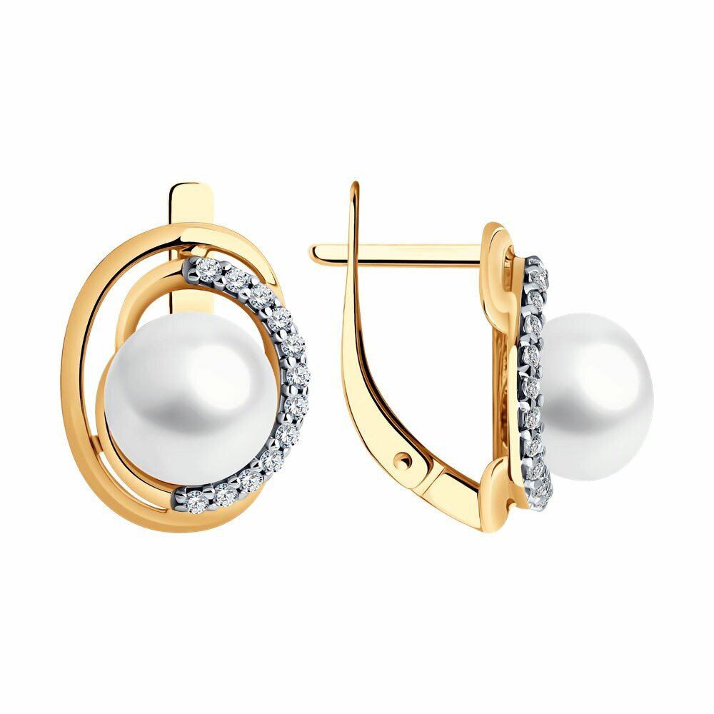 Серьги, серебро, 925 проба, золочение, жемчуг пресноводный культивированный, фианит