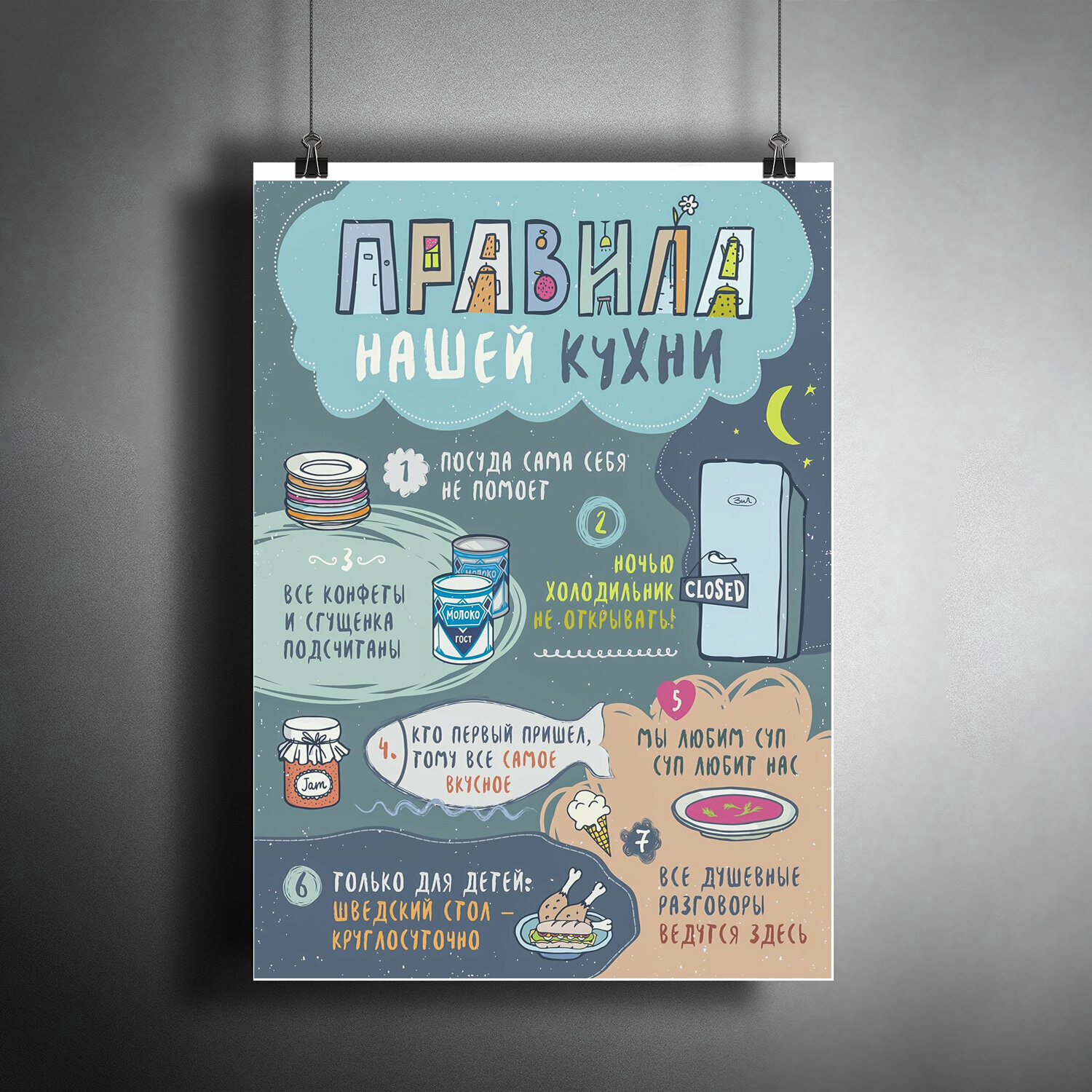 Постер плакат для интерьера "Правила кухни. Поздравление, открытка, подарок на новоселье" / A3 (297 x 420 мм)