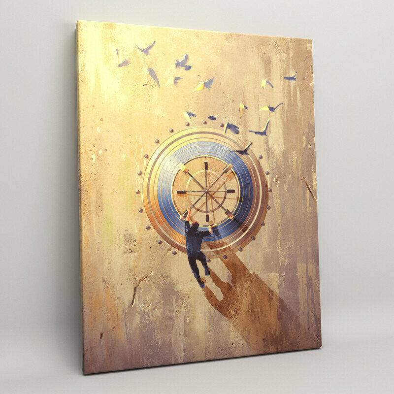 Картина на холсте (интерьерный постер) "Летящие голуби и вскрытие сейфа", с деревянным подрамником, размер 22x30 см