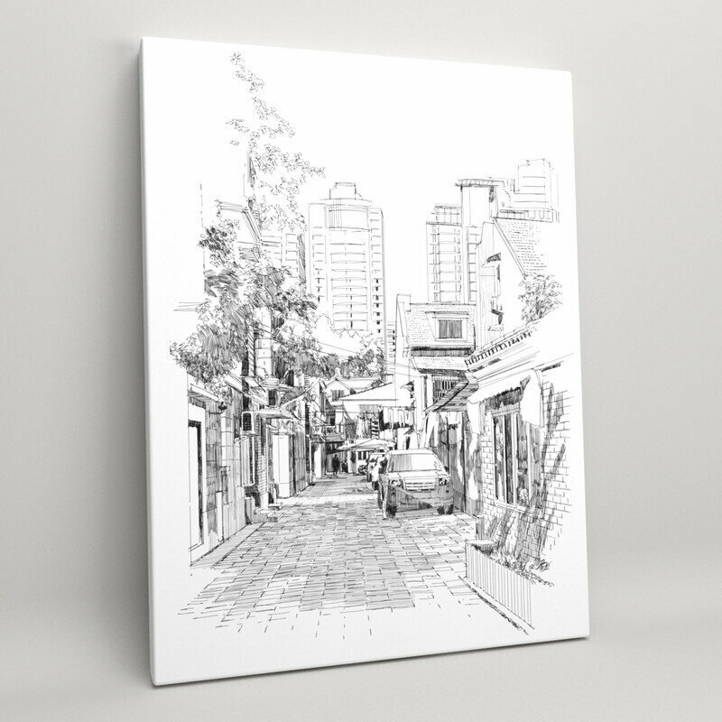 Картина на холсте (интерьерный постер) "Скетч - старая улица", с деревянным подрамником, размер 30x40 см