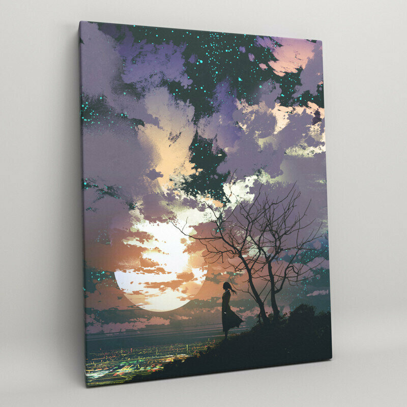 Картина на холсте (интерьерный постер) "Девушка у дерева ночью", с деревянным подрамником, размер 30x40 см