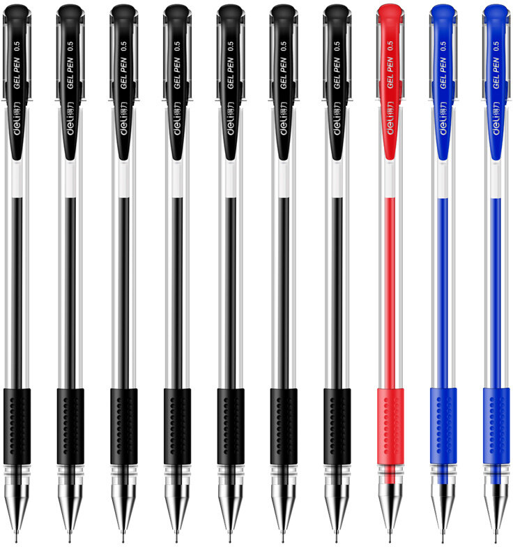 Набор ручек гелев. Deli 6610 прозрачный/ассорти ассор. черн. блистер (10шт) линия 0.5мм резин. манже