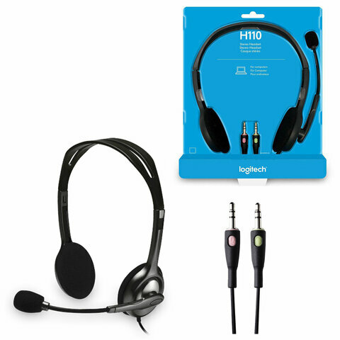 Наушники с микрофоном (гарнитура) LOGITECH H110, проводная, компьютерная, 1.83 м, стерео, 2 x mini jack 3.5 мм, черная, 981-000271