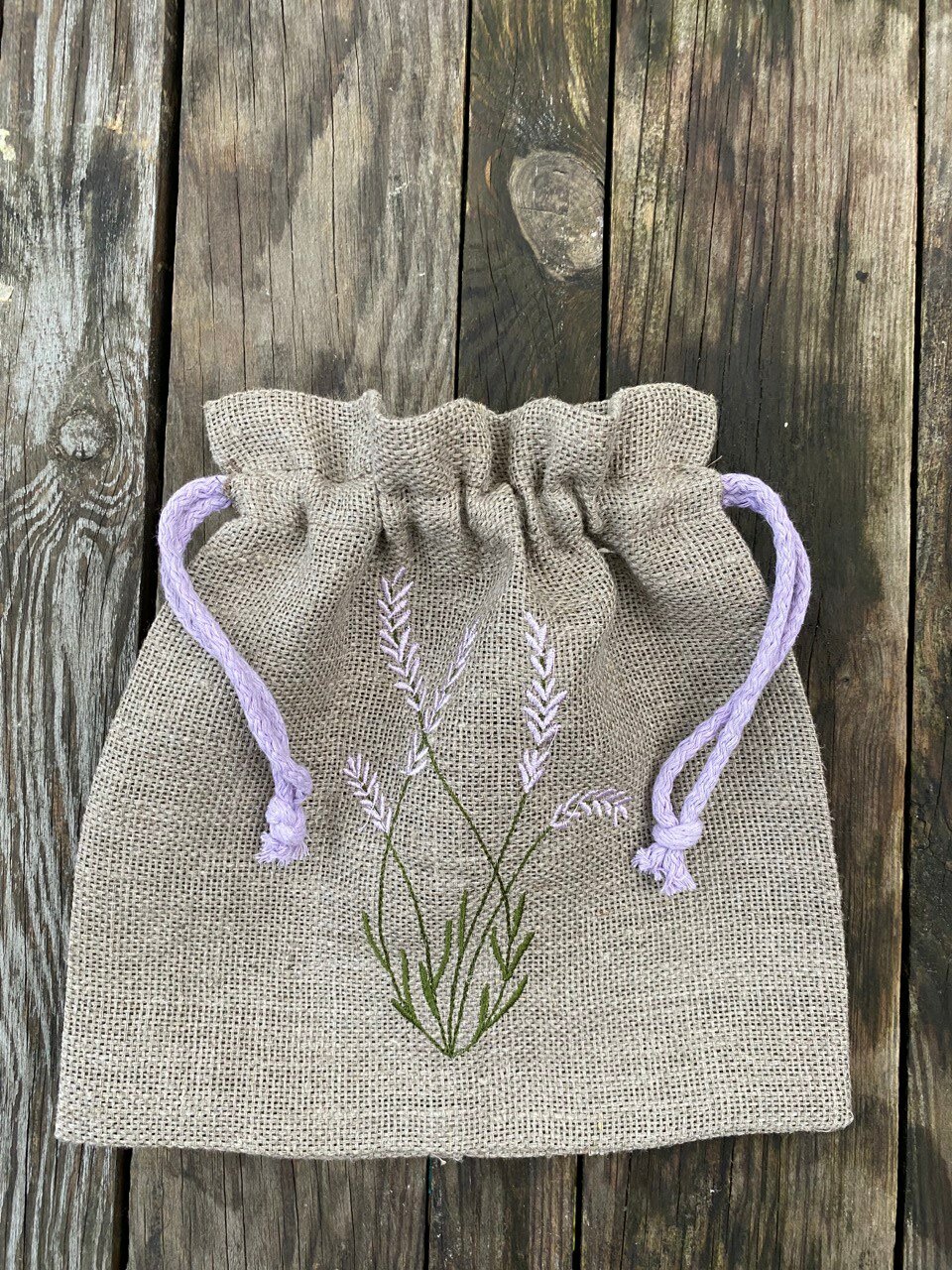 Мешочек из льна для хранения, цвет серый, лаванда, 29*30 см.