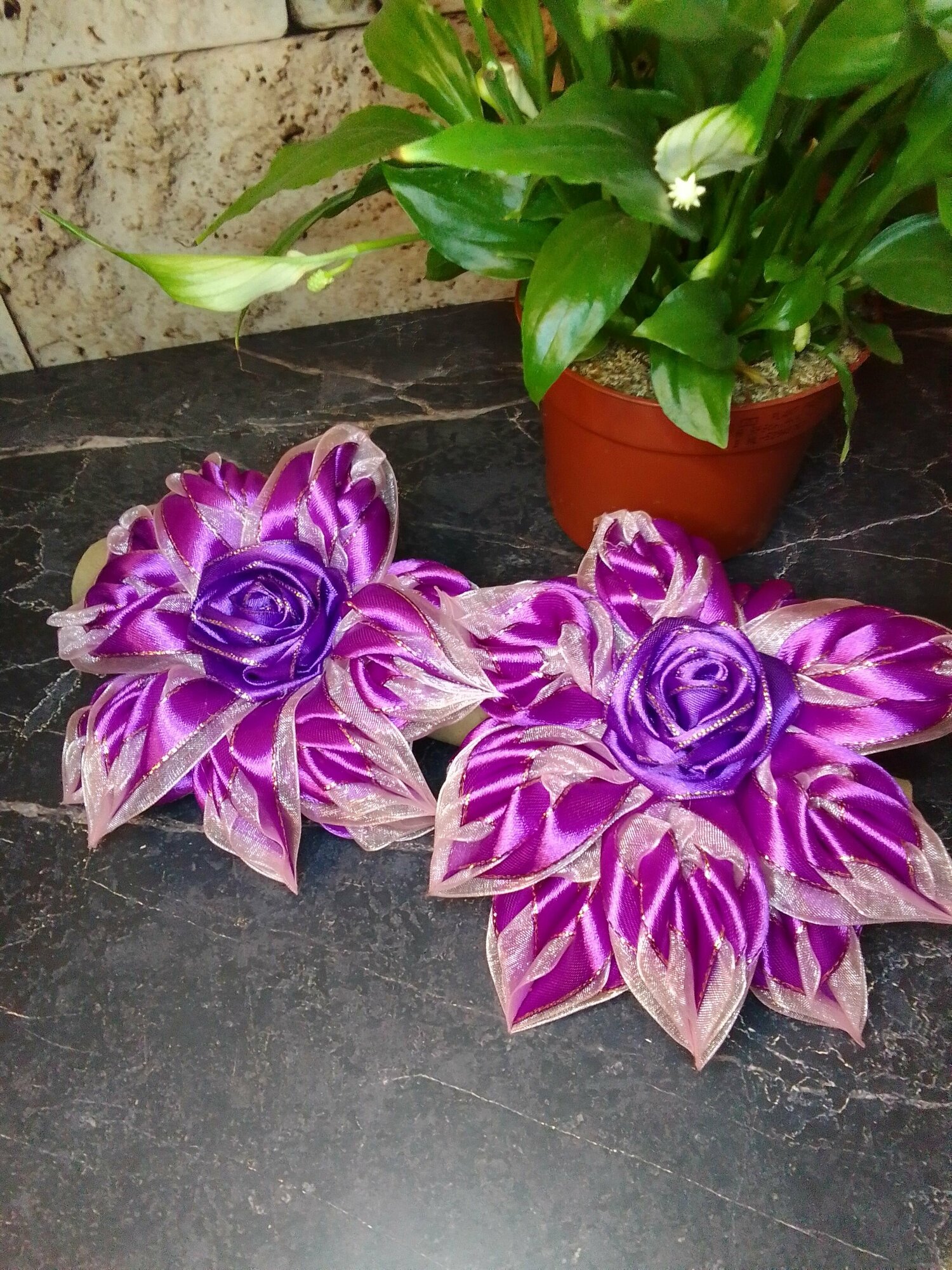 Бант-резиночка для волос "Звёзды с розочкой", текстиль, 17х4 см, 2 шт, фиолетовая