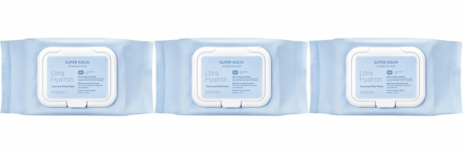 Missha Салфетки для умывания и снятия макияжа Aqua Ultra Hyalron, 30 шт, 3 уп