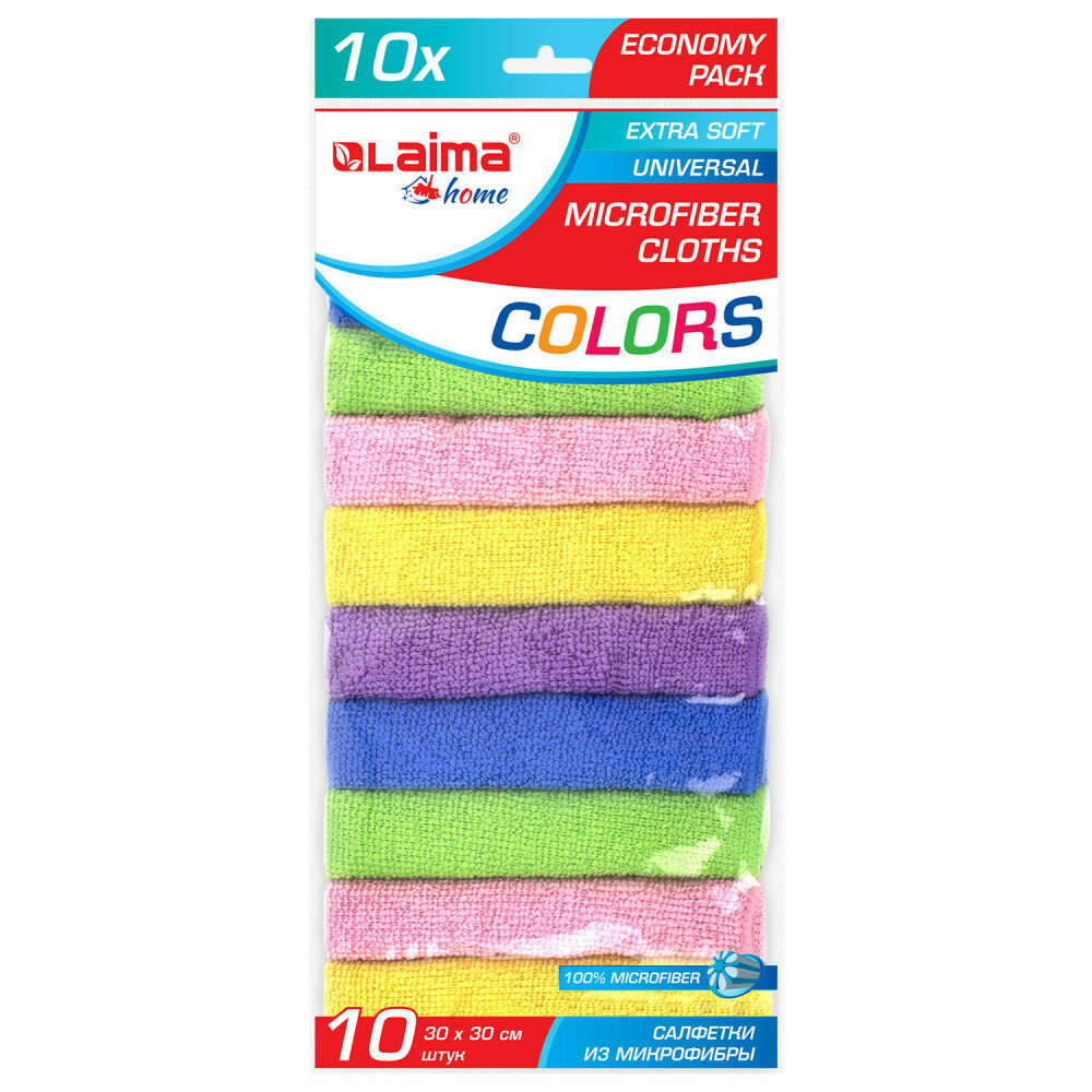 Салфетка из микрофибры 30х30 см "MULTI COLOUR ECONOMY PACK 10", комплект 10 шт, LAIMA HOME, 607794, 1 шт