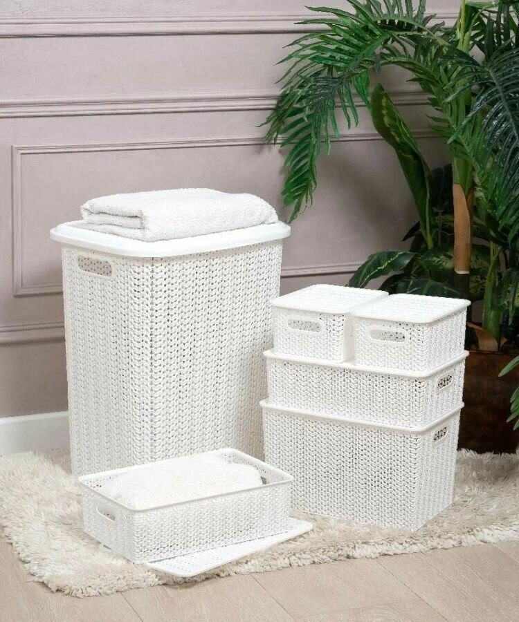 Корзина с крышкой VIOLET 532106 Вязь 7,5 л, 35х24,5х10,5 см, белый