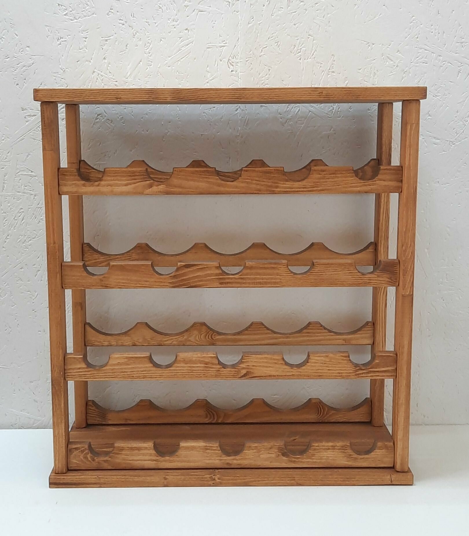 Стеллаж для 20 бутылок вина и шампанского деревянный со столешницей. Темный орех.