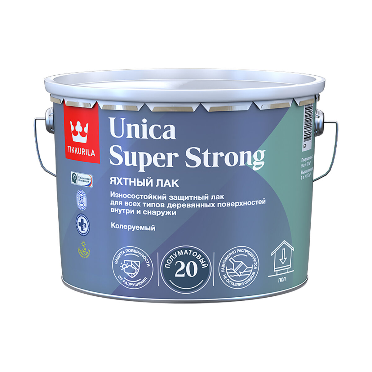 Лак яхтный Tikkurila Unica Super Strong 20 ЕР, полуматовый, объем 9 л 700014013