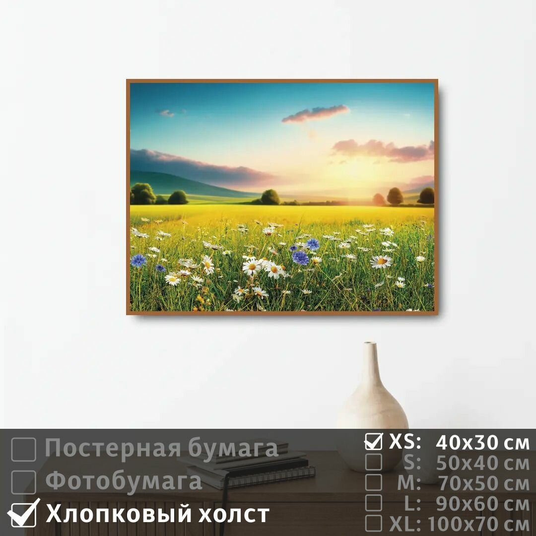 Постер на холсте Полевые Цветы Васильки И Ромашки 40х30 см ПолиЦентр