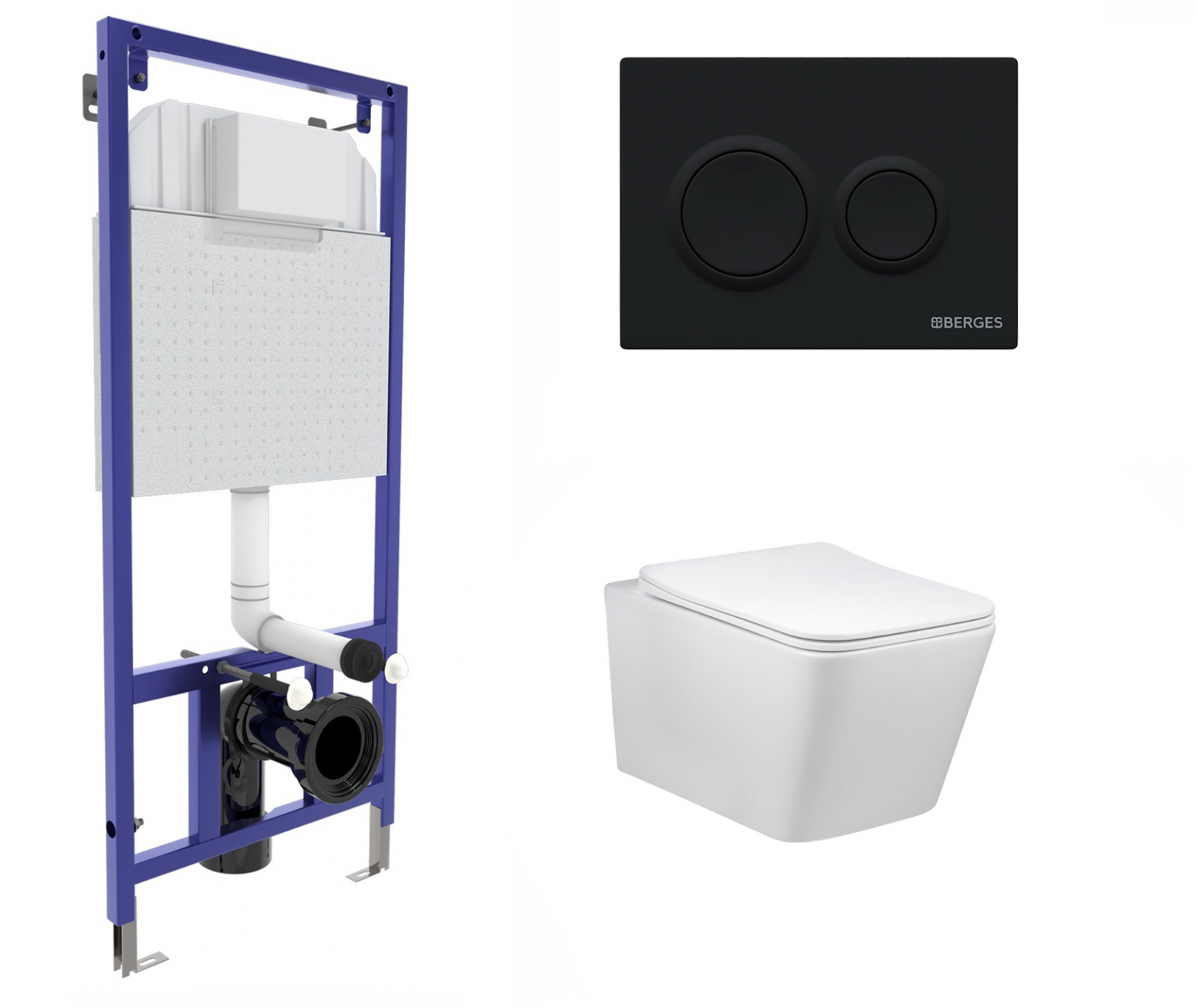 Комплект 3 в 1 инсталляция Berges Novum O5 + Унитаз подвесной Vincea Q-Line VT1-12 с кнопкой черной