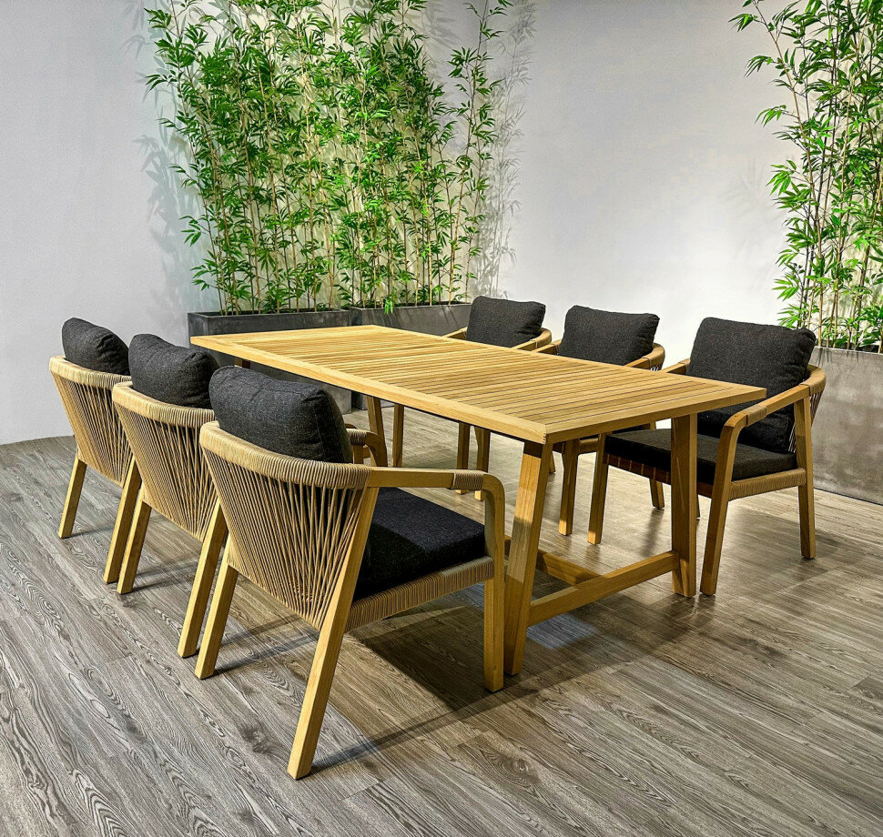 Обеденная группа LEONOREN каркас тик, стол 220х100, 6 стульев уличная ткань маренго