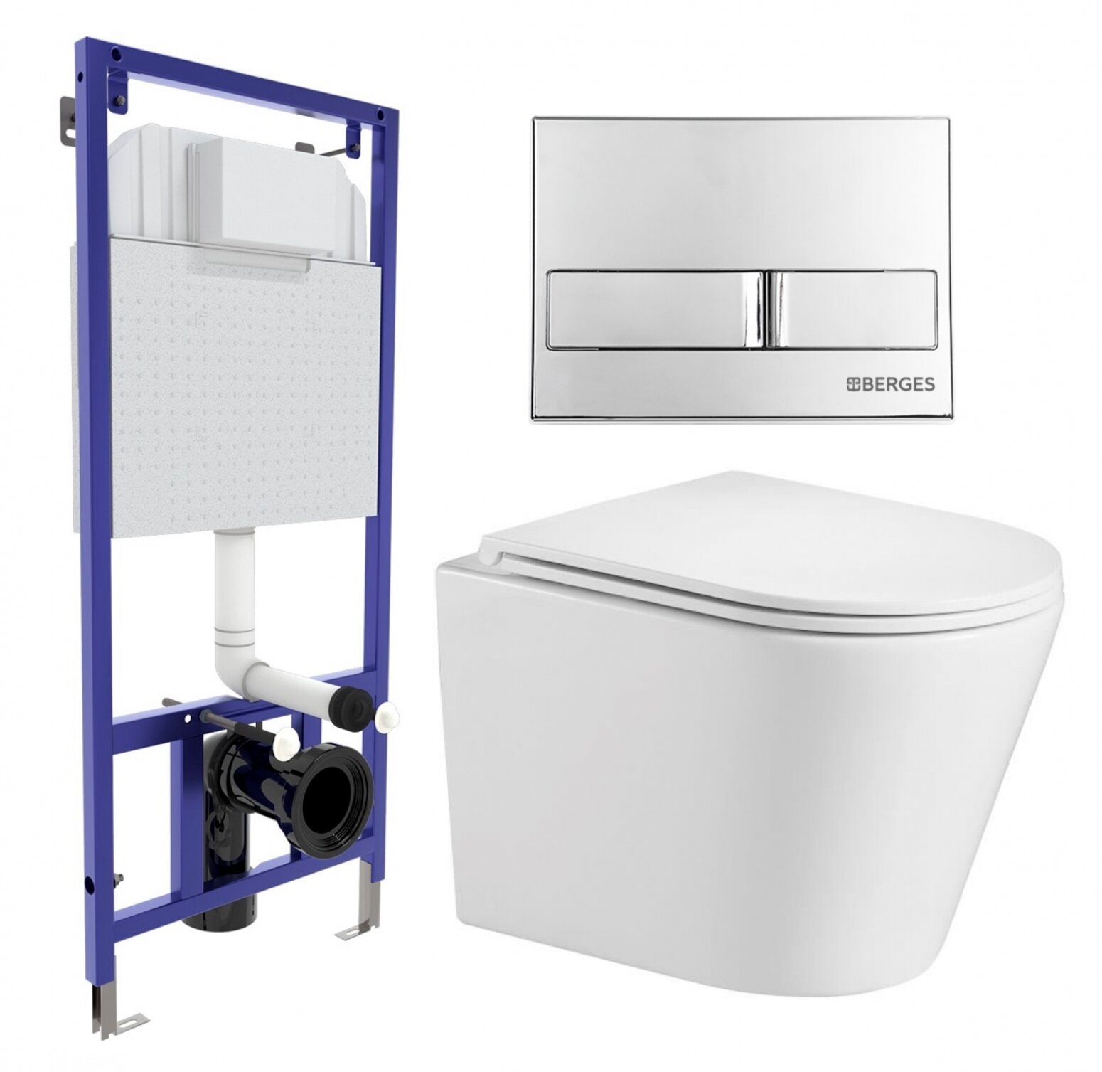 Комплект 3 в 1 инсталляция Berges Wasserhaus Novum L3 + Подвесной унитаз WeltWasser Salzbach 043 GL-WT + кнопка хром
