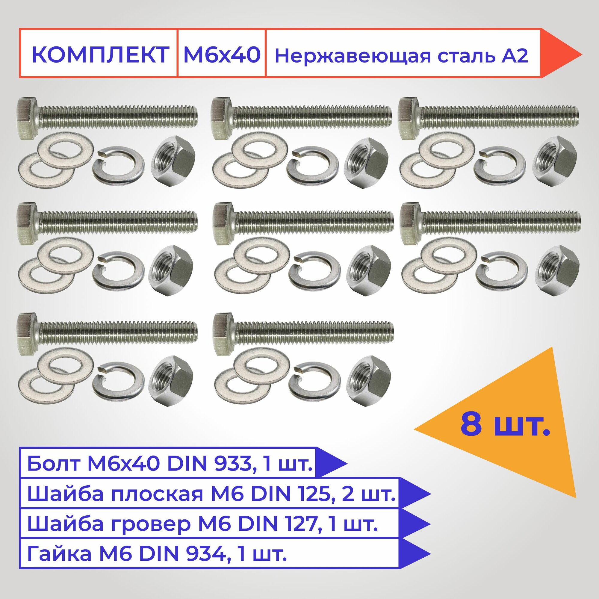 Болт М6х40мм с шестигранной головкой в наборе с гайкой, гровером и шайбой, нержавеющая сталь А2, 8 шт.