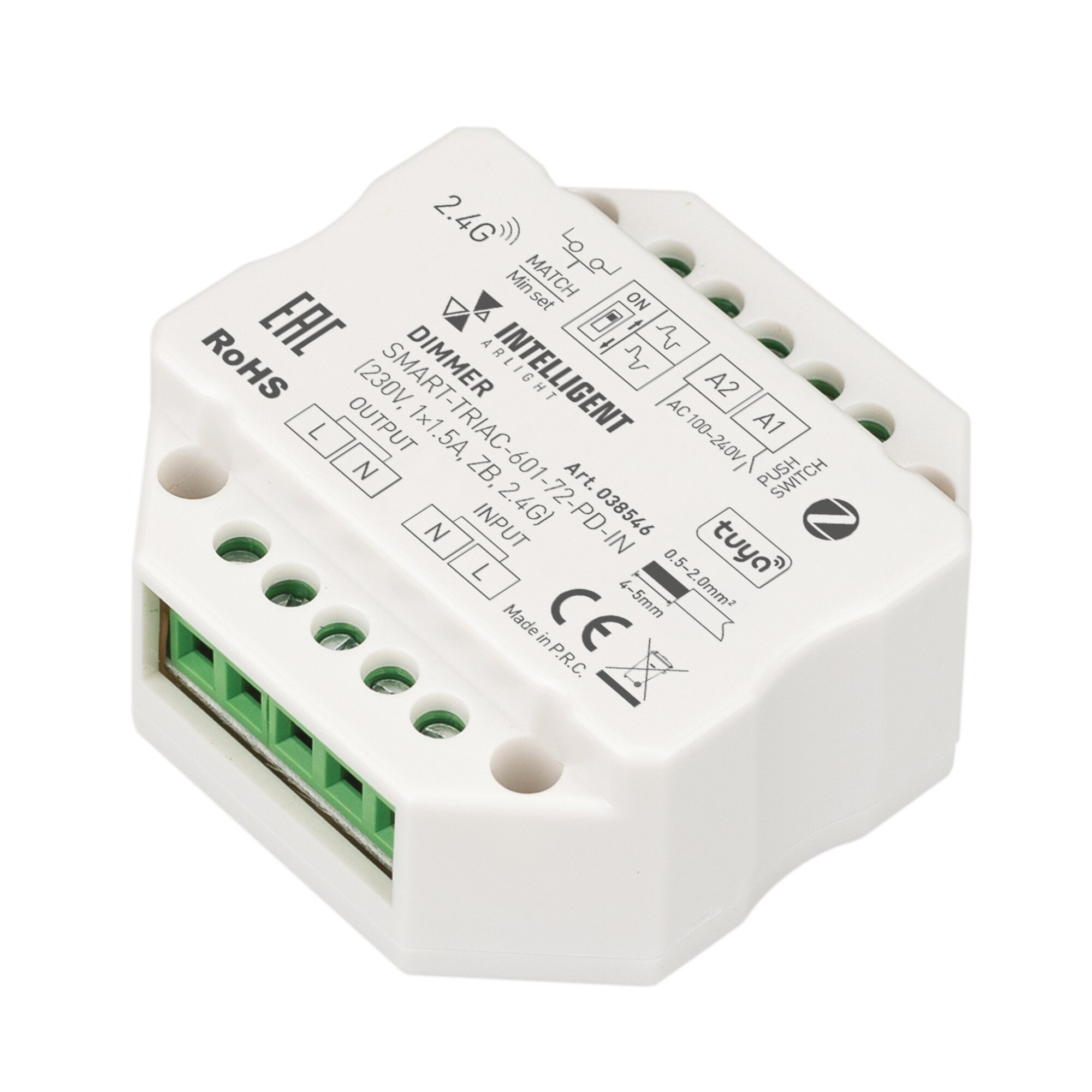 Диммер Arlight INTELLIGENT ARLIGHT Диммер SMART-TRIAC-601-72-PD-IN (230V, 1x1.5A, ZB, 2.4G) (IARL, IP20 Пластик, 5 лет)