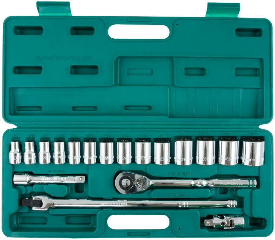 JONNESWAY S05H4219S Набор инструментов 19 пр: головки торцевые дюймовые 1/2 inch SAE 3/8 inch -1-1/4 inch, трещотка, вороток, удлинитель, кардан, в кейсе