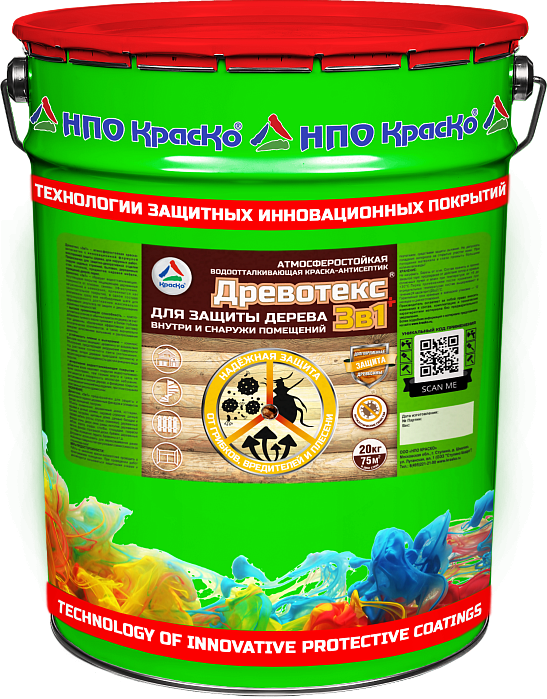 Краска-Антисептик Краско Древотекс «3 в 1» 15кг Венге, Алкидный, Атмосферостойкий, Тонирующий, Полуглянцевый, Глубокого Проникновения для Защиты Дерева Внутри и Снаружи Помещений.