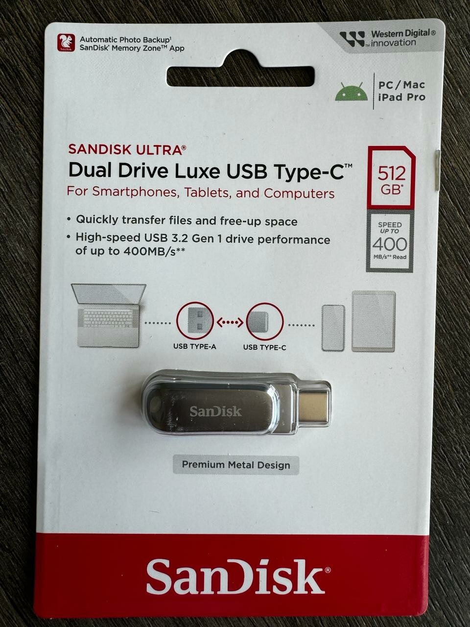 Флешка SanDisk Ultra Dual Drive Luxe USB/Type-C 512 ГБ, 1 шт, серебристый