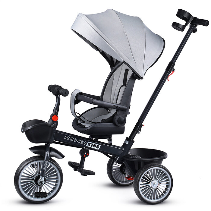 Трехколесный велосипед с родительской ручкой и козырьком MLX-510-GR, Спинка опускается до положения "лежа". серый