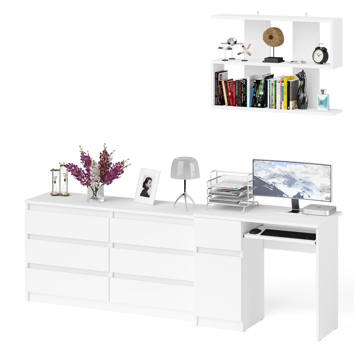 Компьютерный стол СВК Мори МС-1 левый с широким комодом и полкой цвет белый