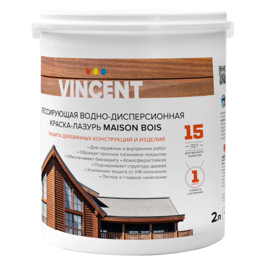 Краска-лазурь Vincent Maison Bois кроющая водно-дисперсионная для защиты 2л База А (белая)