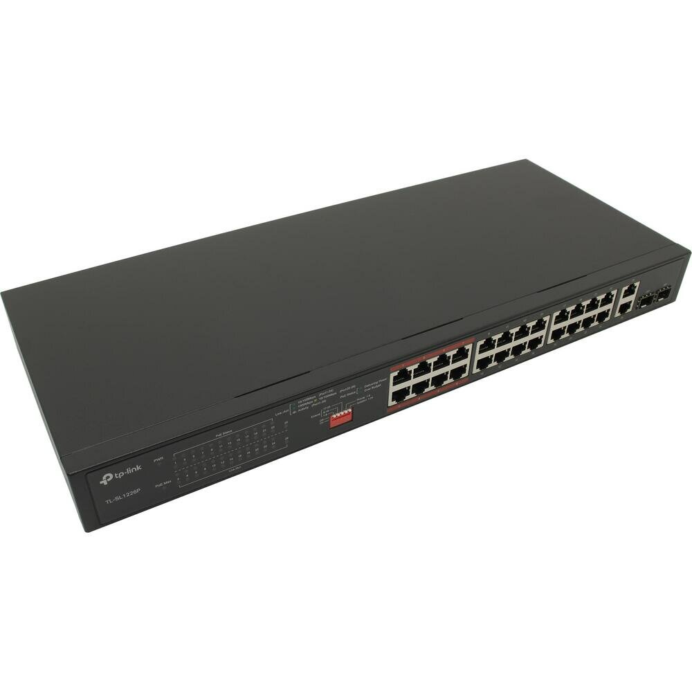 TP-Link TL-SL1226P 24-портовый неуправляемый 10/100 Мбит/с PoE+ коммутатор с 2 гигабитными портами