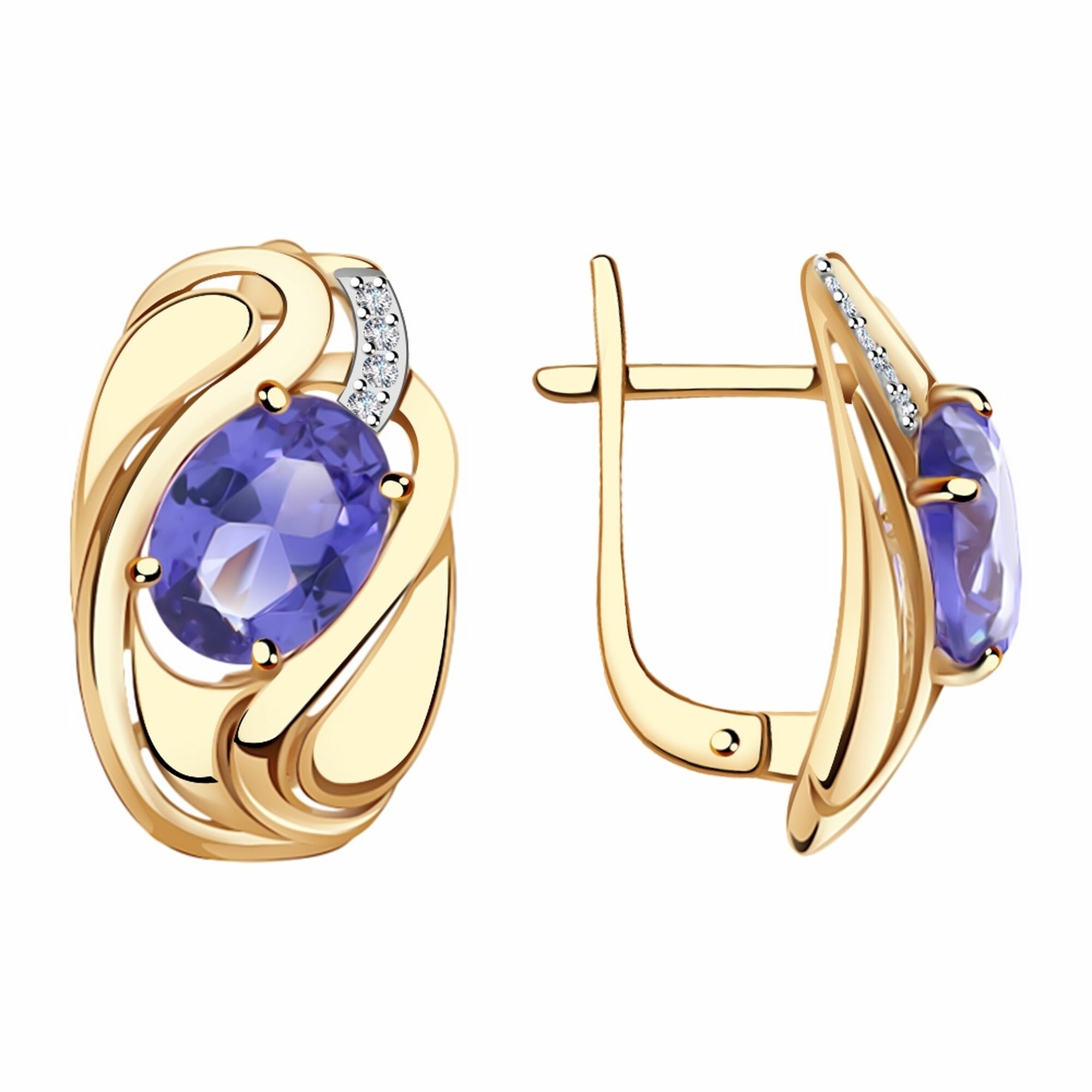 Серьги, красное золото, 585 проба, фианит, танзанит