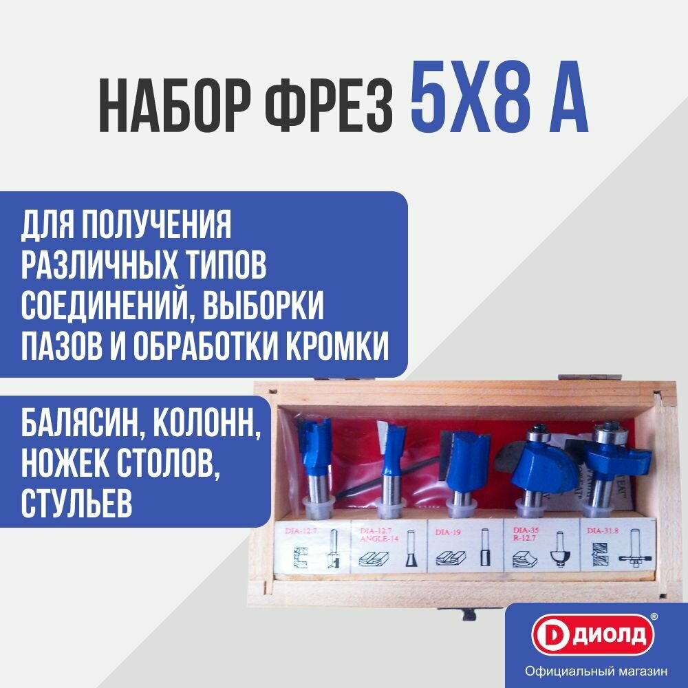 Набор фрез Диолд 5х8 A (5 шт, диаметр хвостовика 8 мм