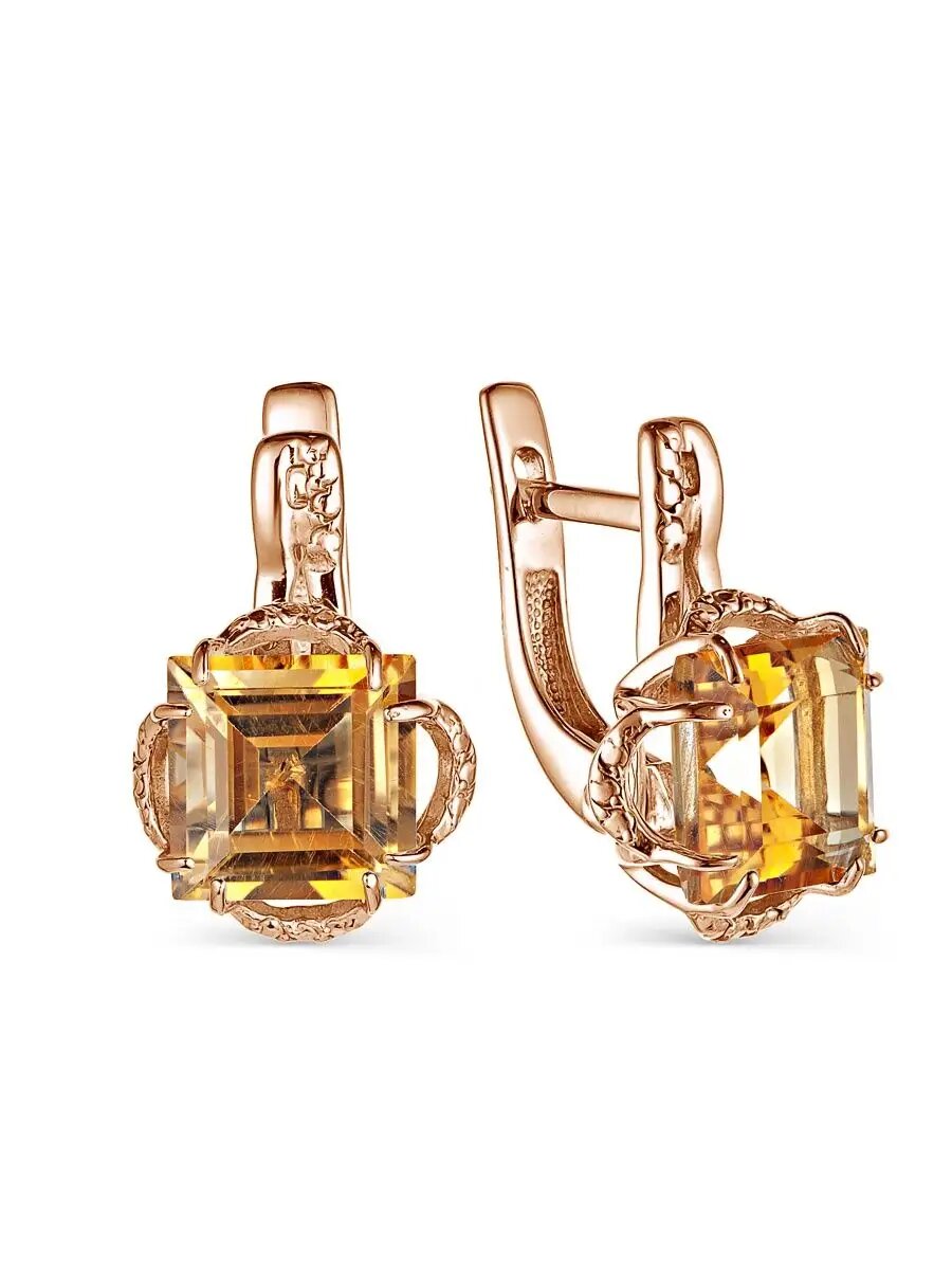 Серьги, красное золото, 585 проба, бриллиант, цитрин