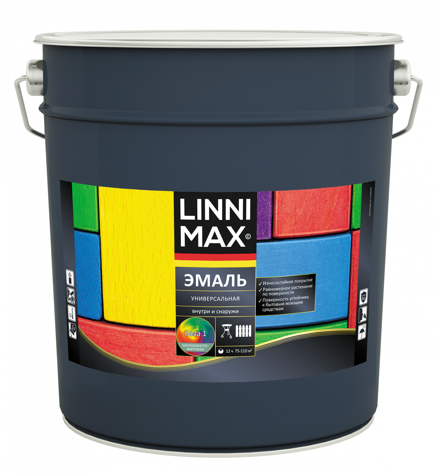 Эмаль LINNIMAX алкидная универсальная для наружных и внутренних работ шелковисто-матовая база 1 (9л)