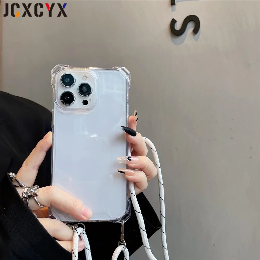 Роскошный противоударный чехол с ожерельем через плечо и ремешком, прозрачный жесткий чехол для iPhone 15 14 Pro Max 13 12 11 X XR 8 7 Plus SE, мягкий чехол Clear, for iphone 14Pro