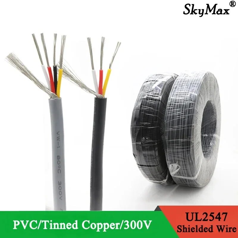 Экранированный кабель 28AWG UL2547 2-8 жил 1 метр 2 Cores, черный