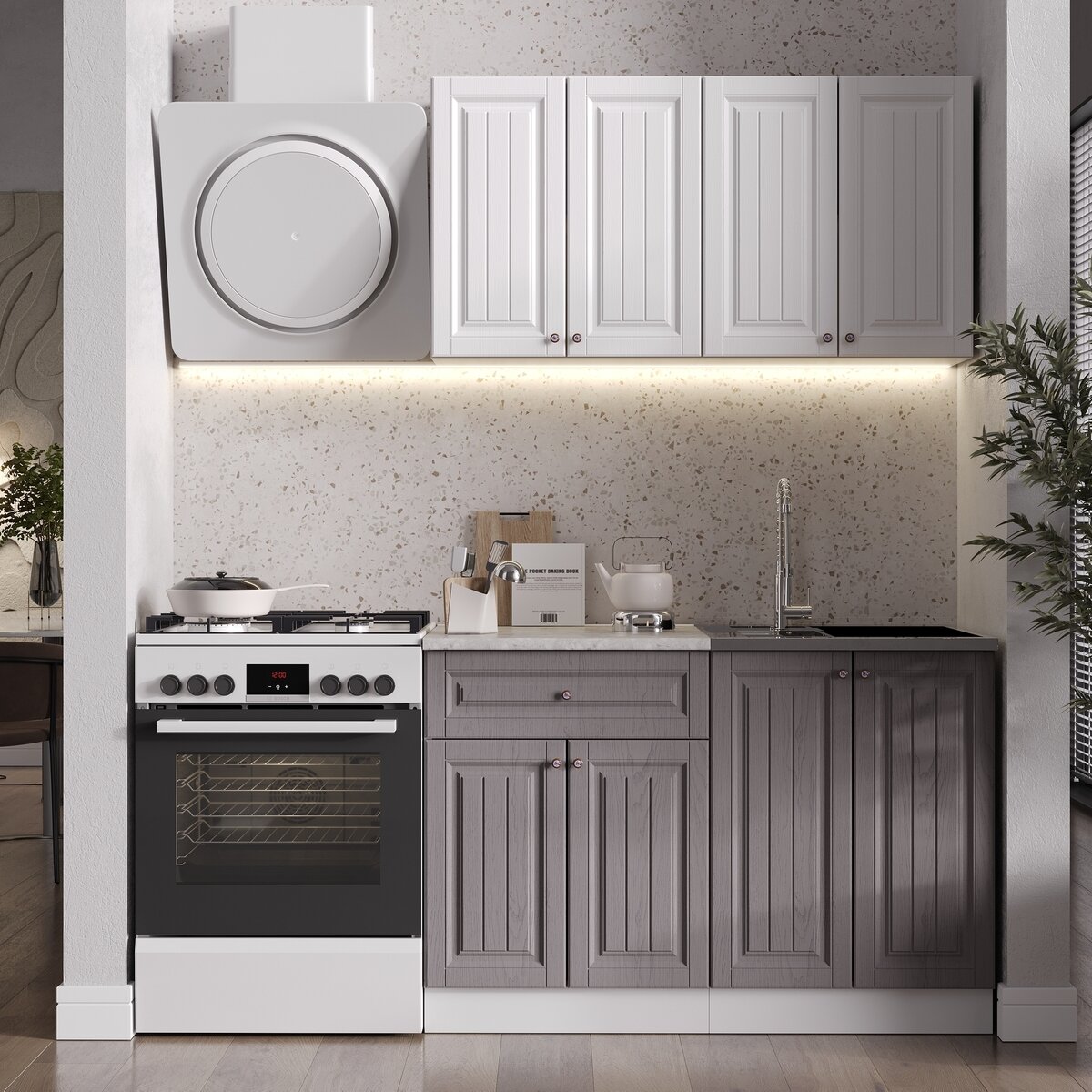 Кухонный гарнитур, кухня, готовый комплект Хозяюшка 1.2 м Акация белая/Трюфель