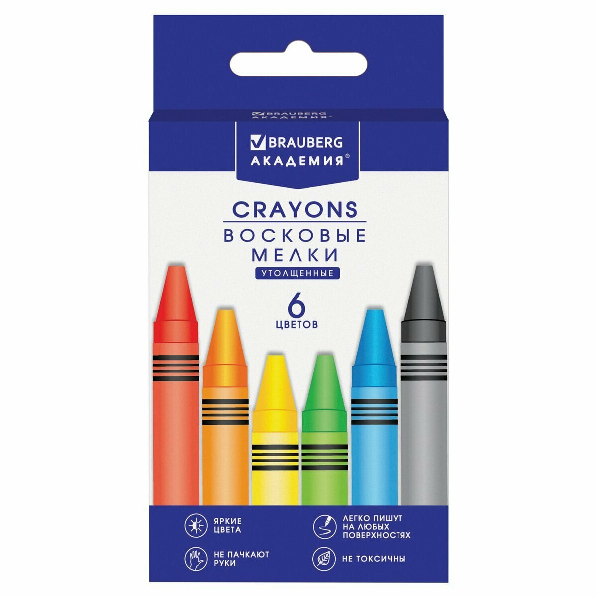 Карандаши восковые 6 цветов Brauberg "Академия" (D=11мм, 3гр, утолщенные) (227286), 24 уп.