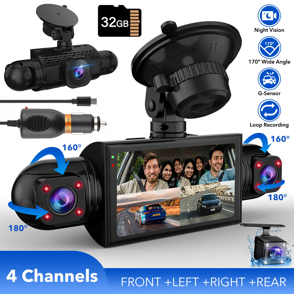 1 шт. 4K UHD 4-канальная камера для автомобиля Dash Cam, 1080P передняя и 720P окружная запись, G-сенсор, циклическая запись, ночное видение с 8 инфракрасными светодиодами