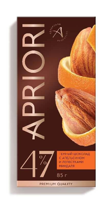 Шоколад APRIORI темный шоколад с апельсином и миндалем - 47% какао /картон/ 85г