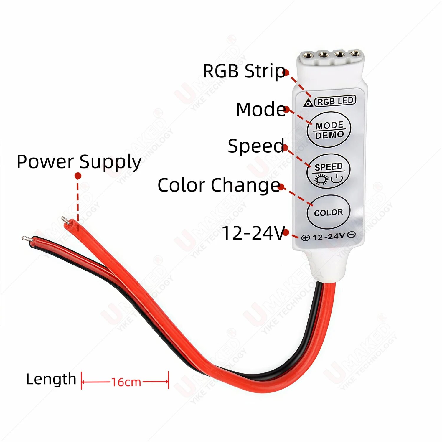 RGB контроллер Umaked 3 клавиши 12-24В 4Pin strip