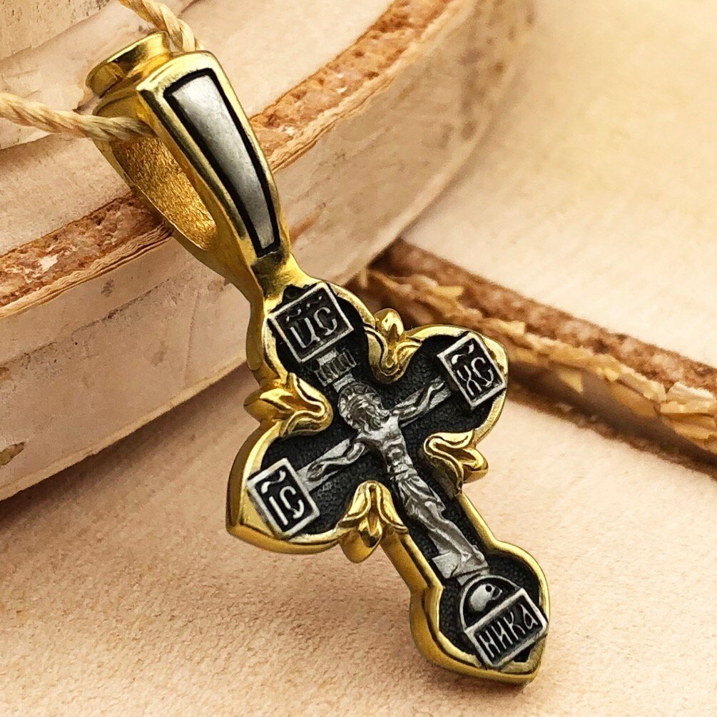Крестик, серебро, 925 проба, оксидирование, золочение, чернение