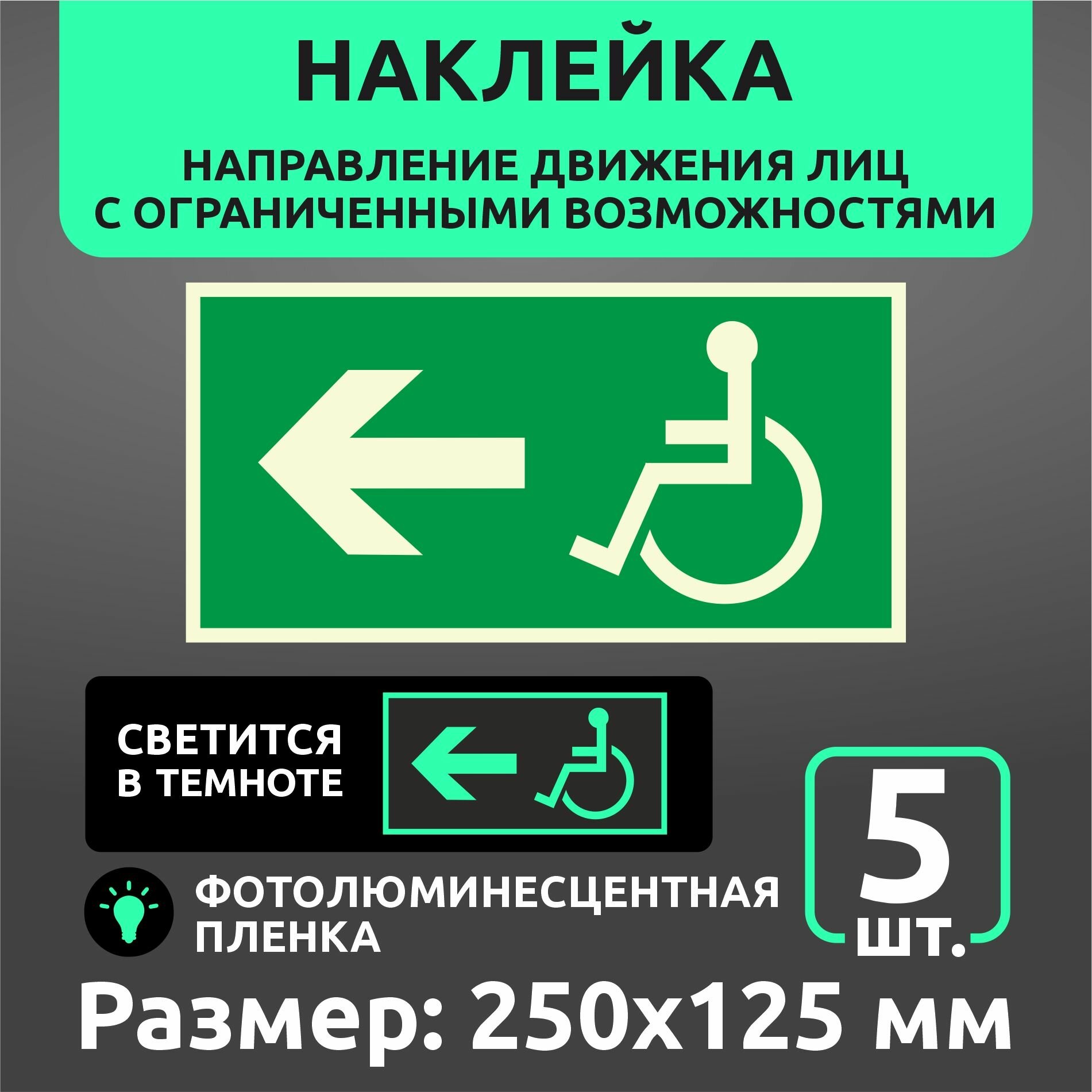 Пожарные наклейки светонакопительные Знак Е52 "Направление движения лиц с ограниченными возможностями" 250 х 125 мм 5 шт