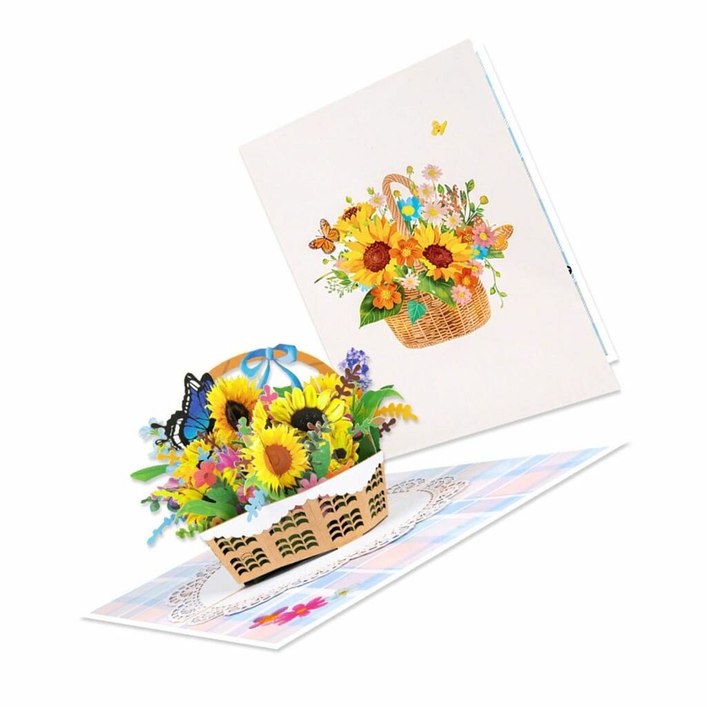 Приглашение,3D открытки с цветочными корзинами - Подсолнухи B, 1 набор