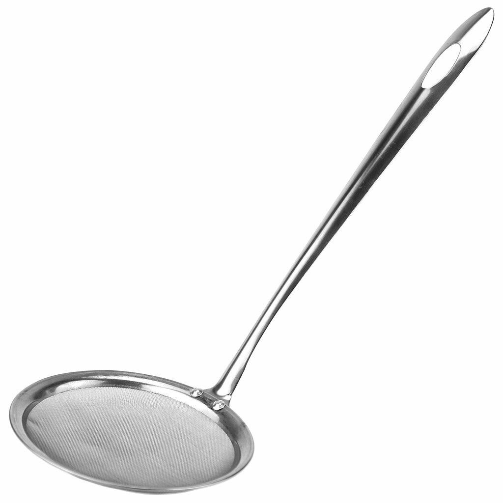 Сито-шумовка КНР из нержавеющей стали, высота 27 см, 10х9 см, с ручкой 20 см, мелкая сеточка