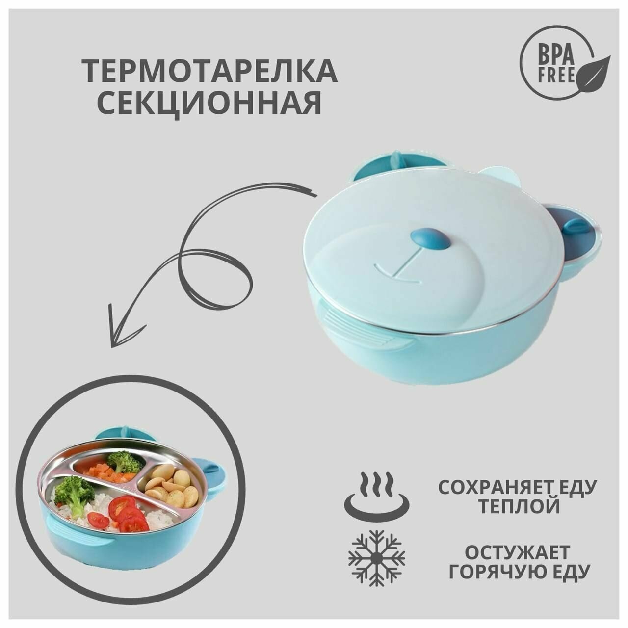 Детская тарелка на присоске с подогревом, термотарелка детская, секционная тарелка для кормления голубая