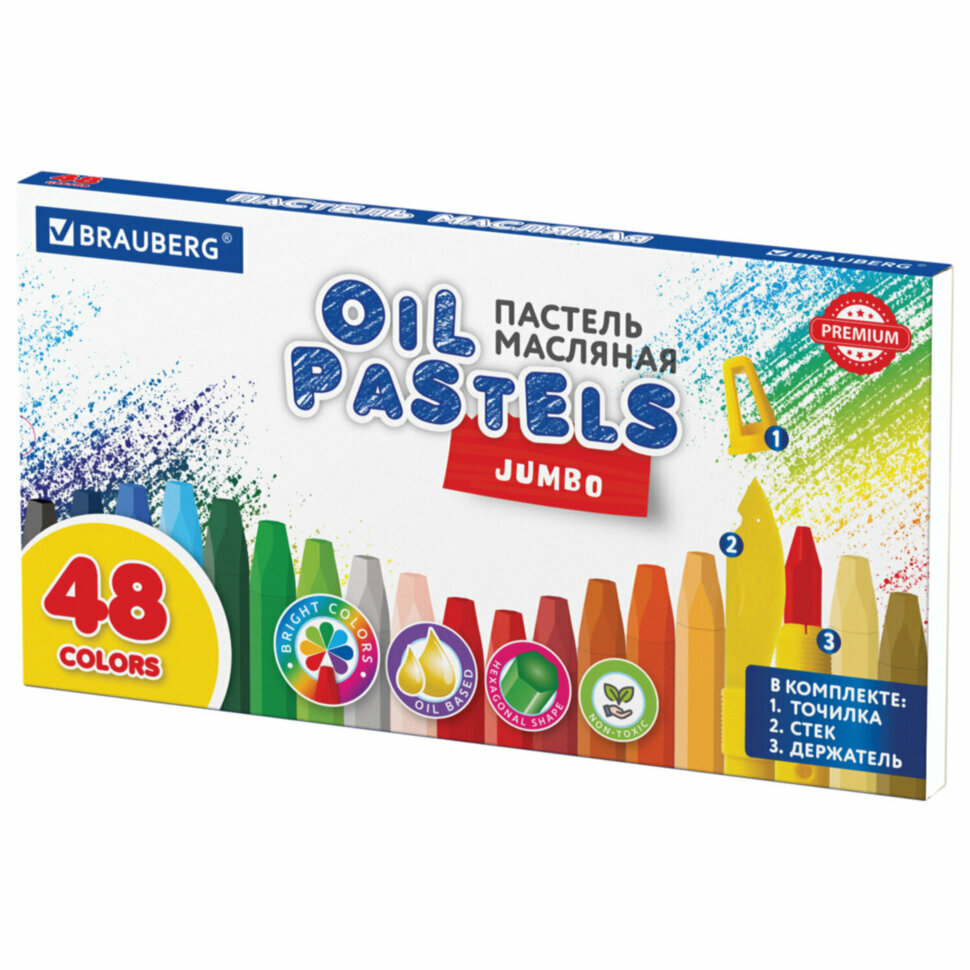 Пастель масляная восковые мелки утолщенные 48 цвета с точилкой, держателем и стеком, BRAUBERG PREMIUM, 272714, 272714