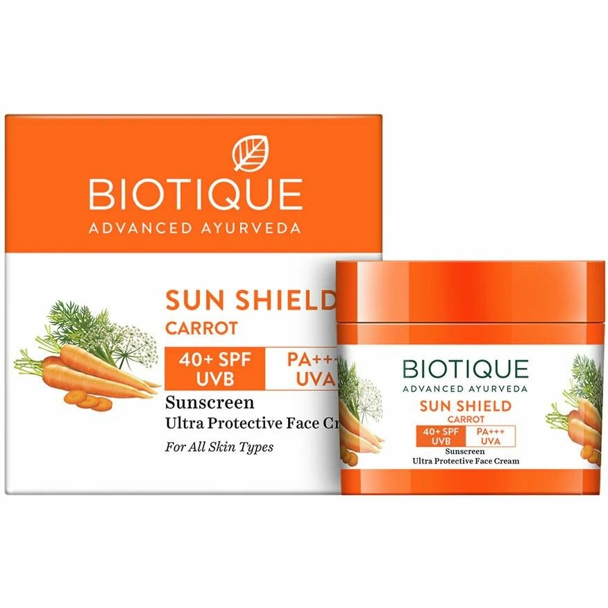 Крем для лица 40+ морковь Ультра-солнцезащитный, для всех типов кожи Sun Shield CARROT, 40+ SPF UVA/UVB Sunscreen Ultra Protective Face Cream, Biotique 50 гр.