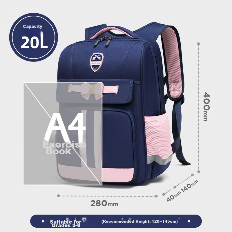 Vnine City Hong Kong Ninth Castle Elementary School Backpack for Girls, Lightweight And Reduced Burden for Grades 1-3 Boys, Large Capacity Water-Resistant Children's Backpack, Blue with Pink