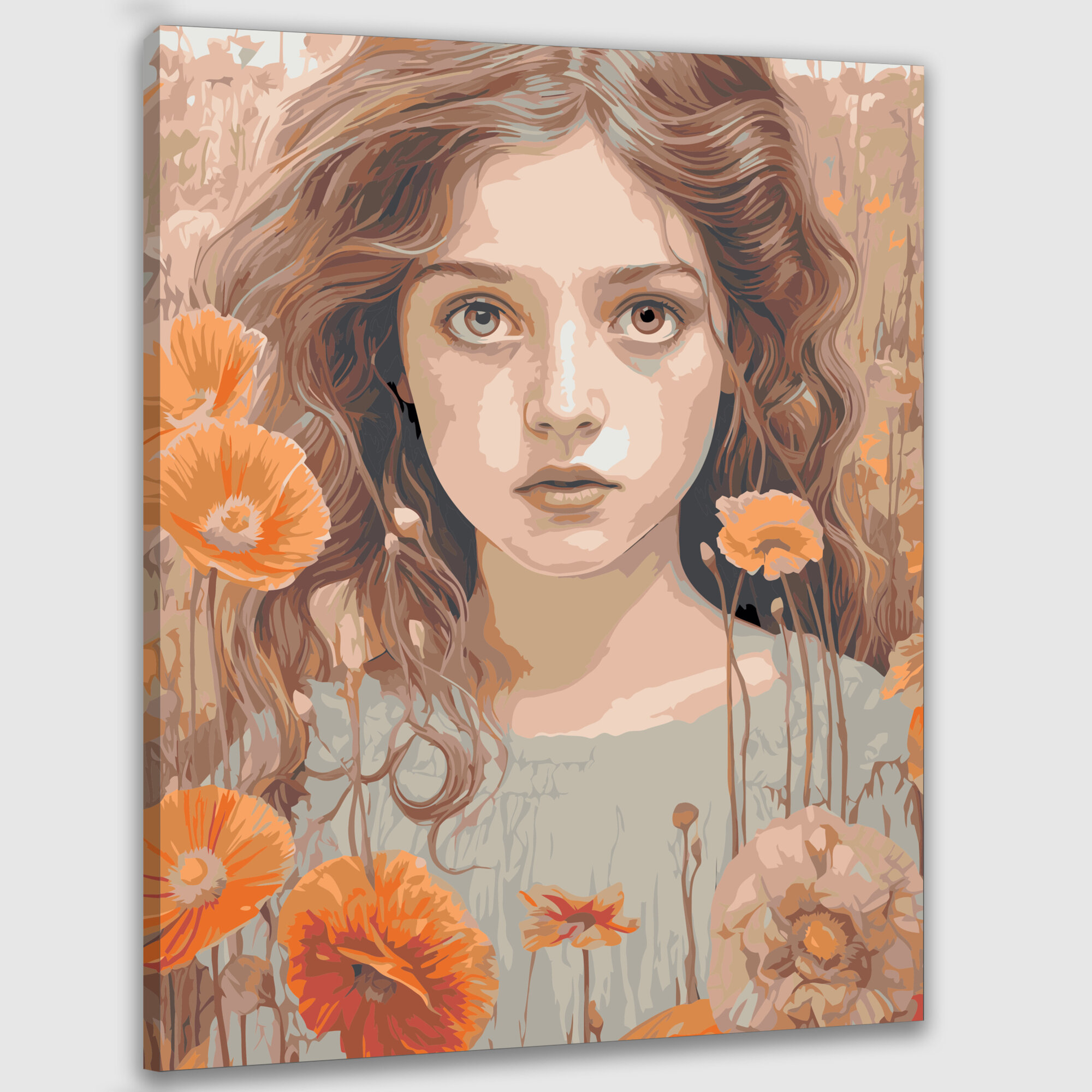Картина по номерам 40x50 см, карандашный рисунок, молодая девушка, поле цветущих цветов, детализированный, тепло